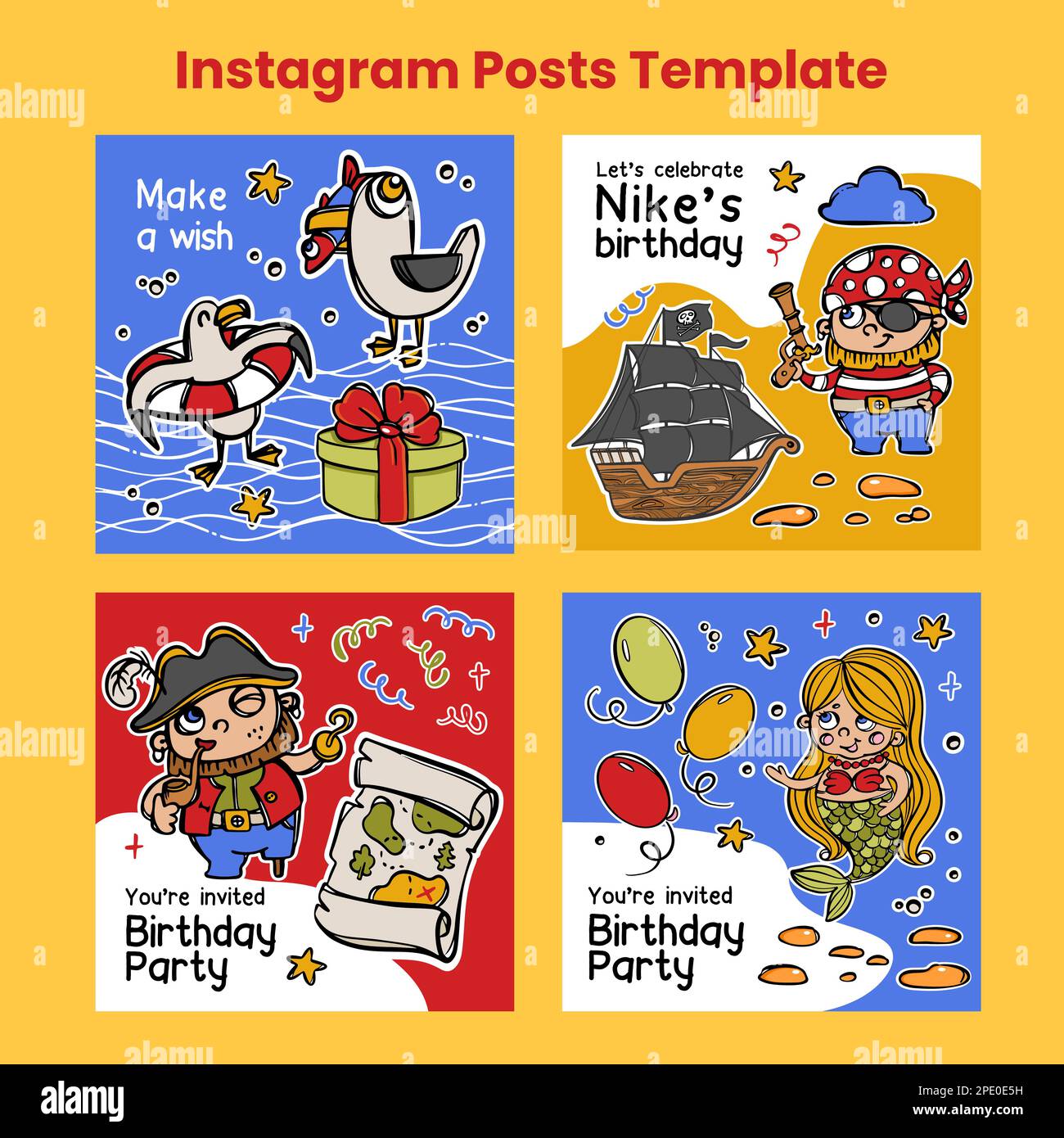 BIRTHDAY PIRATE POST TEMPLATE Design Vector Cards Social Media Sketches ...