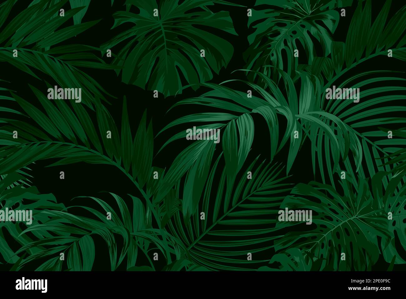 Dark green tropical pattern with palm leaves. Summer vector background ...