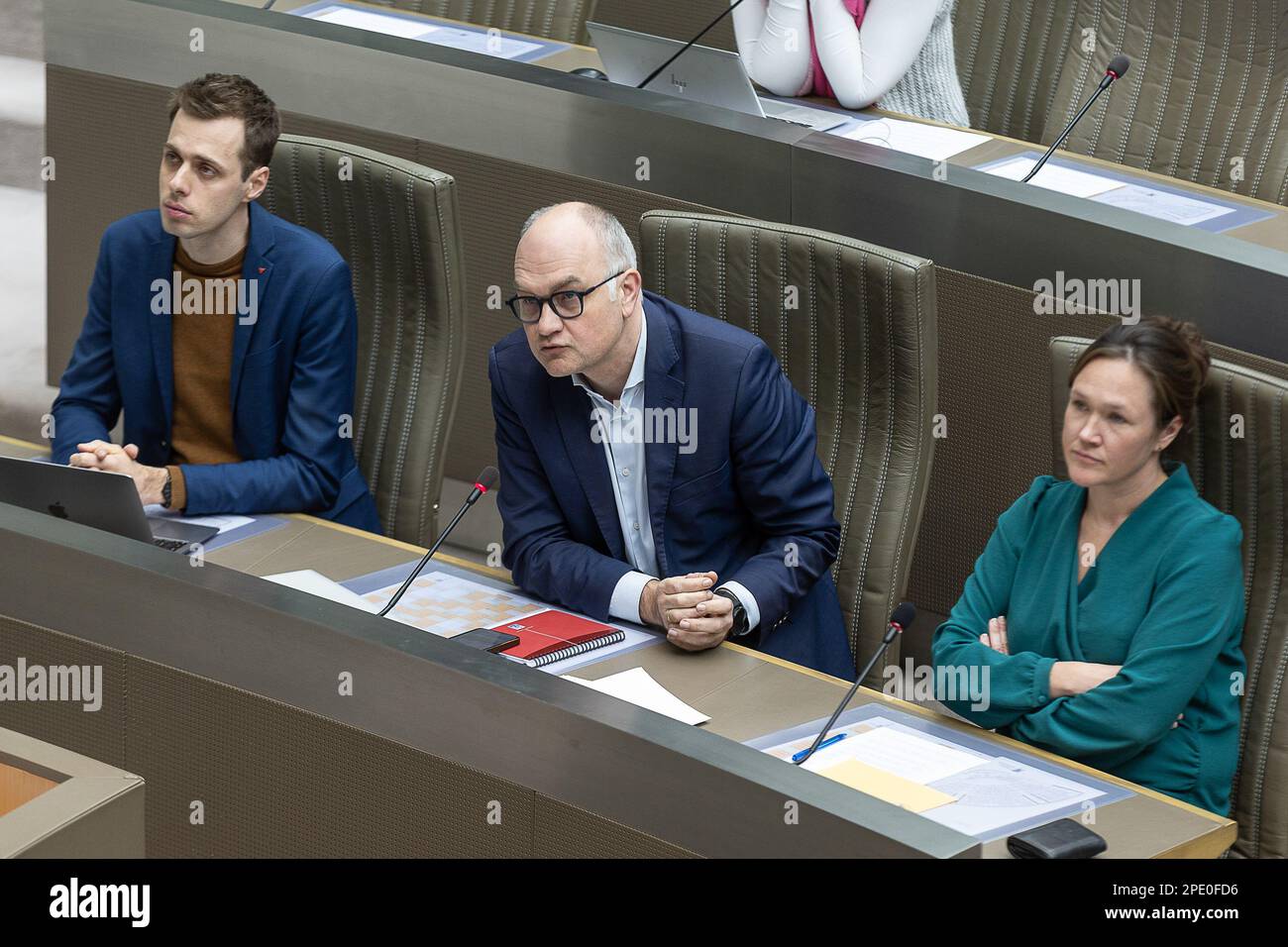 Brussels,15 March 2023. PVDA's Jos D'Haese, Groen's Bjorn Rzoska and ...