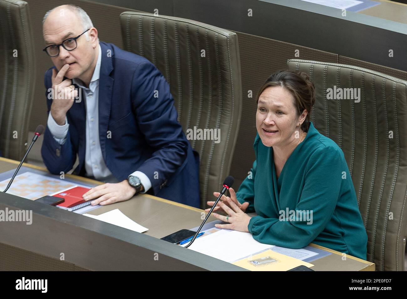 Brussels,15 March 2023. Groen's Bjorn Rzoska and Vooruit's Hannelore ...