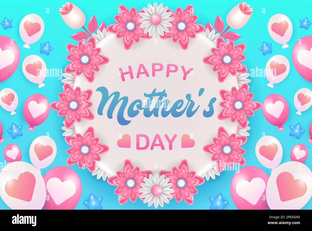 Happy mother's day, 3d vector wreath with balloon and star ornaments ...
