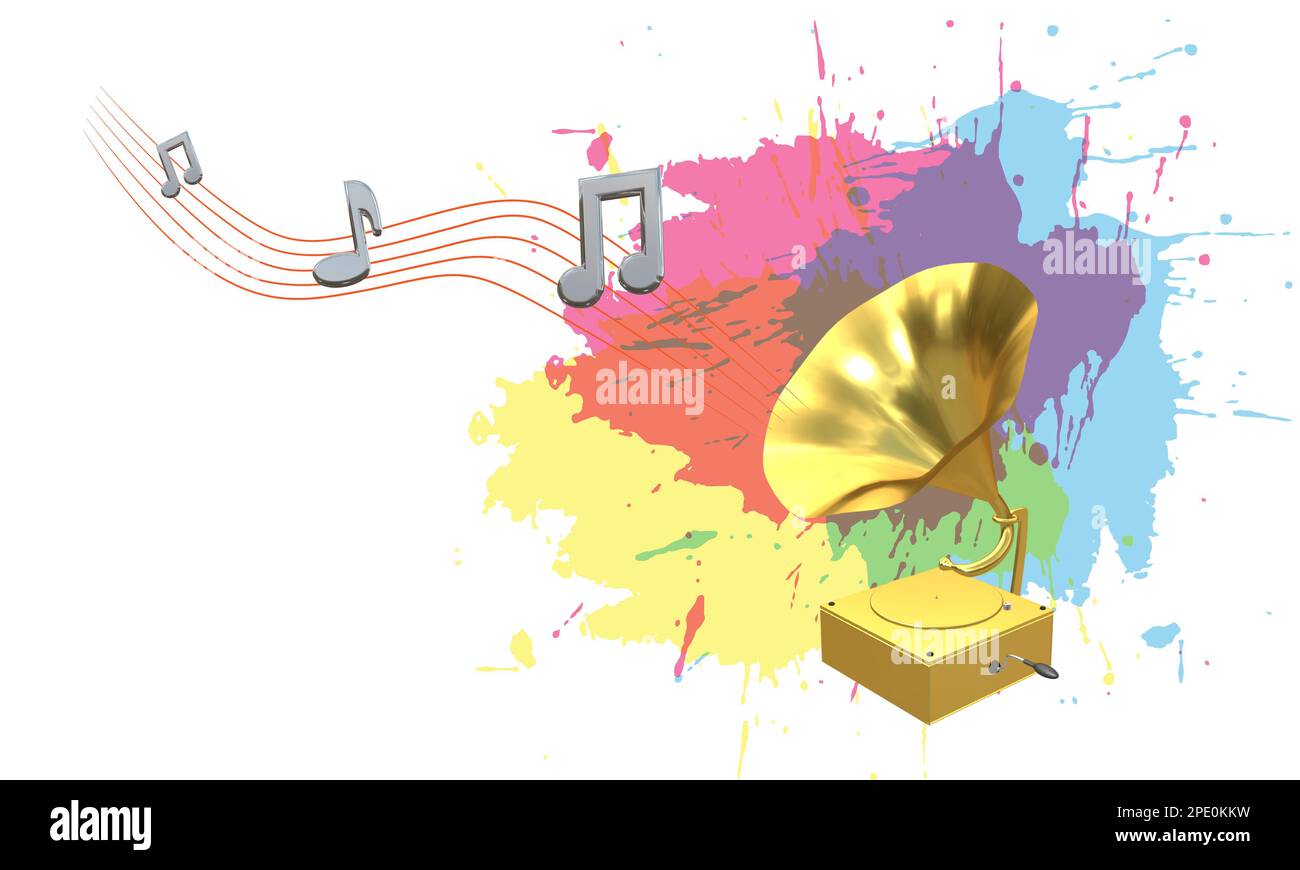 Vintage turntable and music notes flying with colors splash on white ...