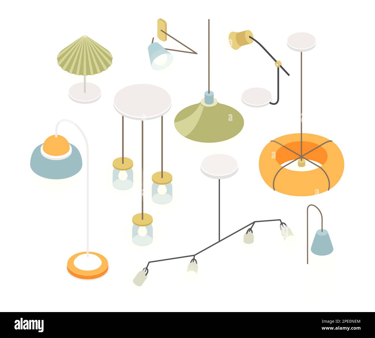 Designer lamps and fixtures - modern vector isometric colorful elements ...