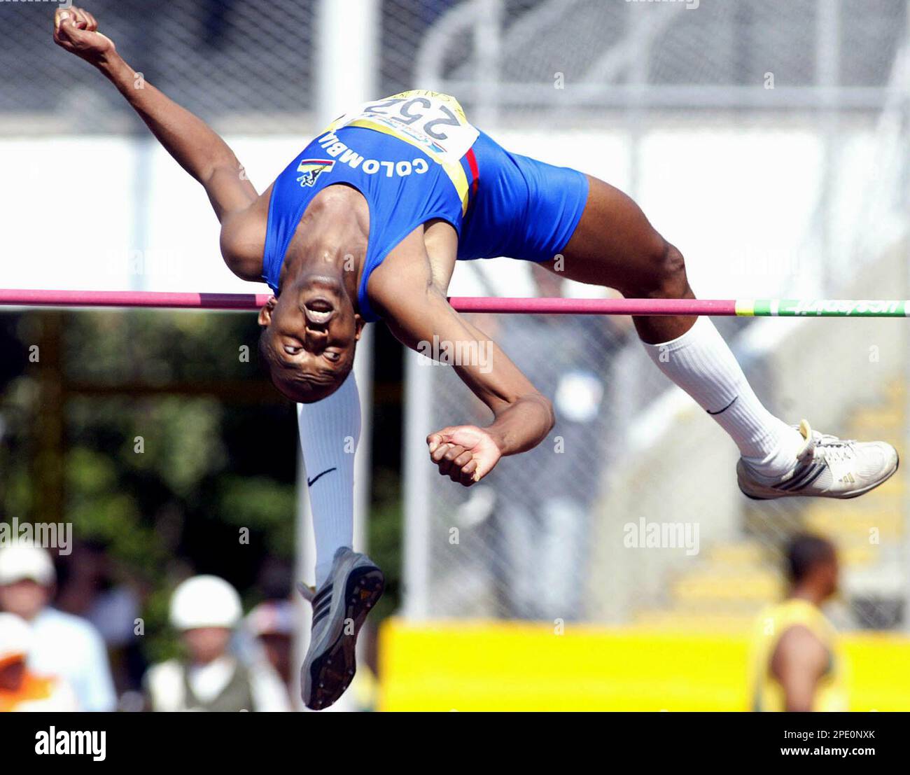 Colombia's Gilmar Mayo clears the bar jumping 2.22 meters during the ...