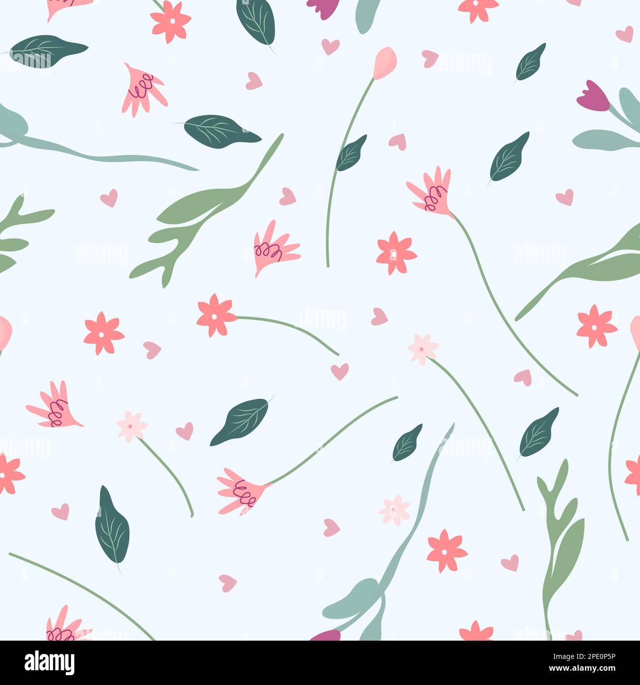 Minimalist floral seamless pattern. Bright flowers and green leaves ...