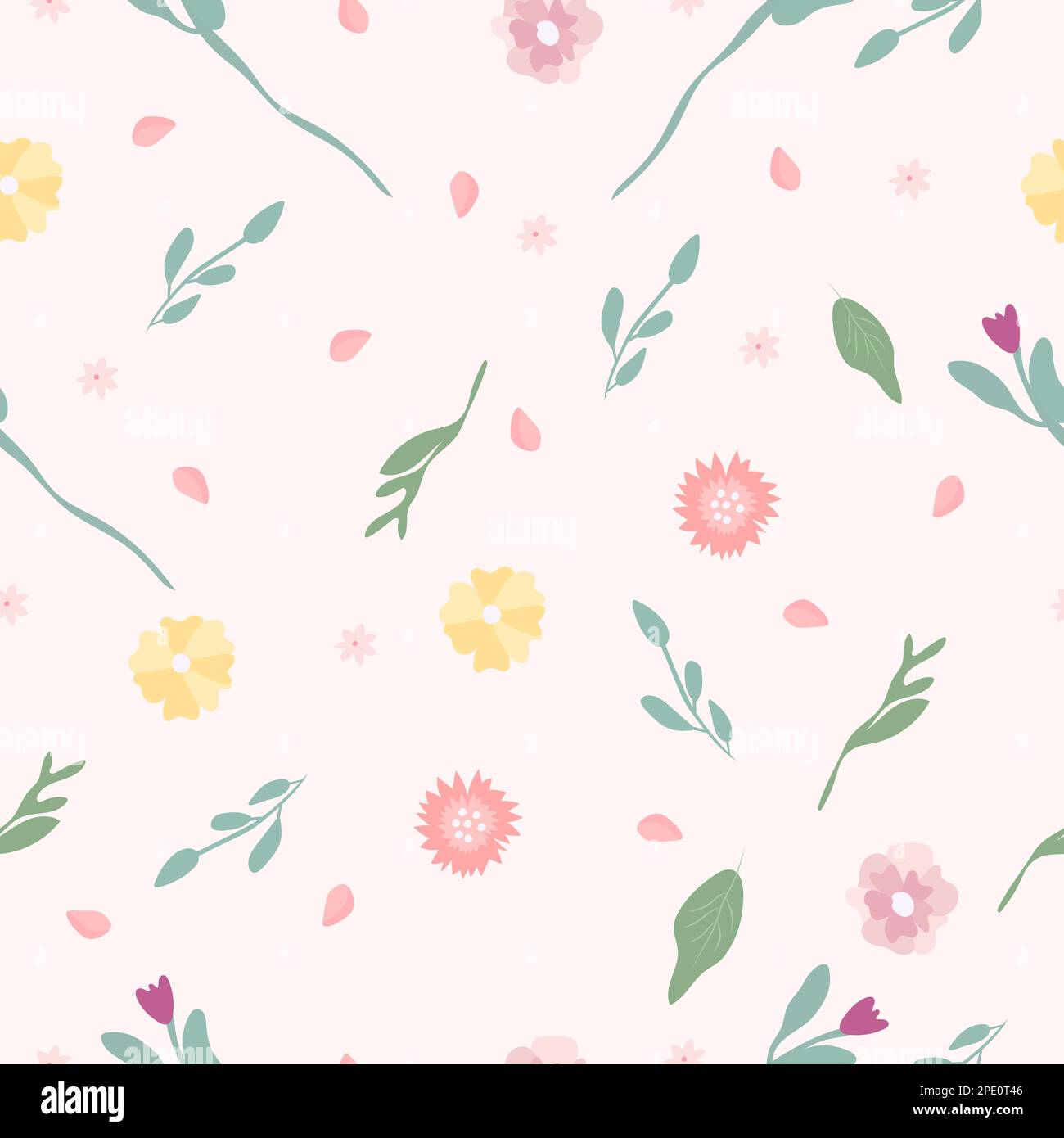 Minimalist floral seamless pattern. Bright flowers and green leaves ...