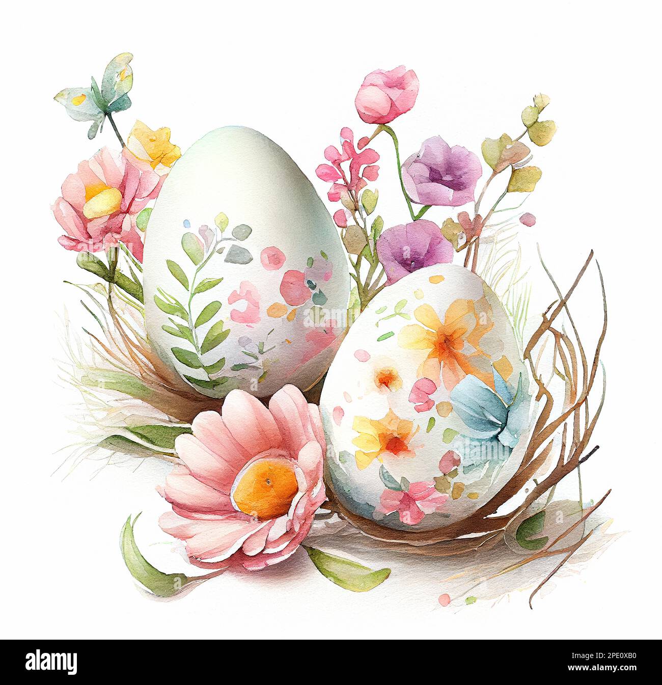 Easter eggs in flowers hand drawn watercolor illustration Stock Photo ...