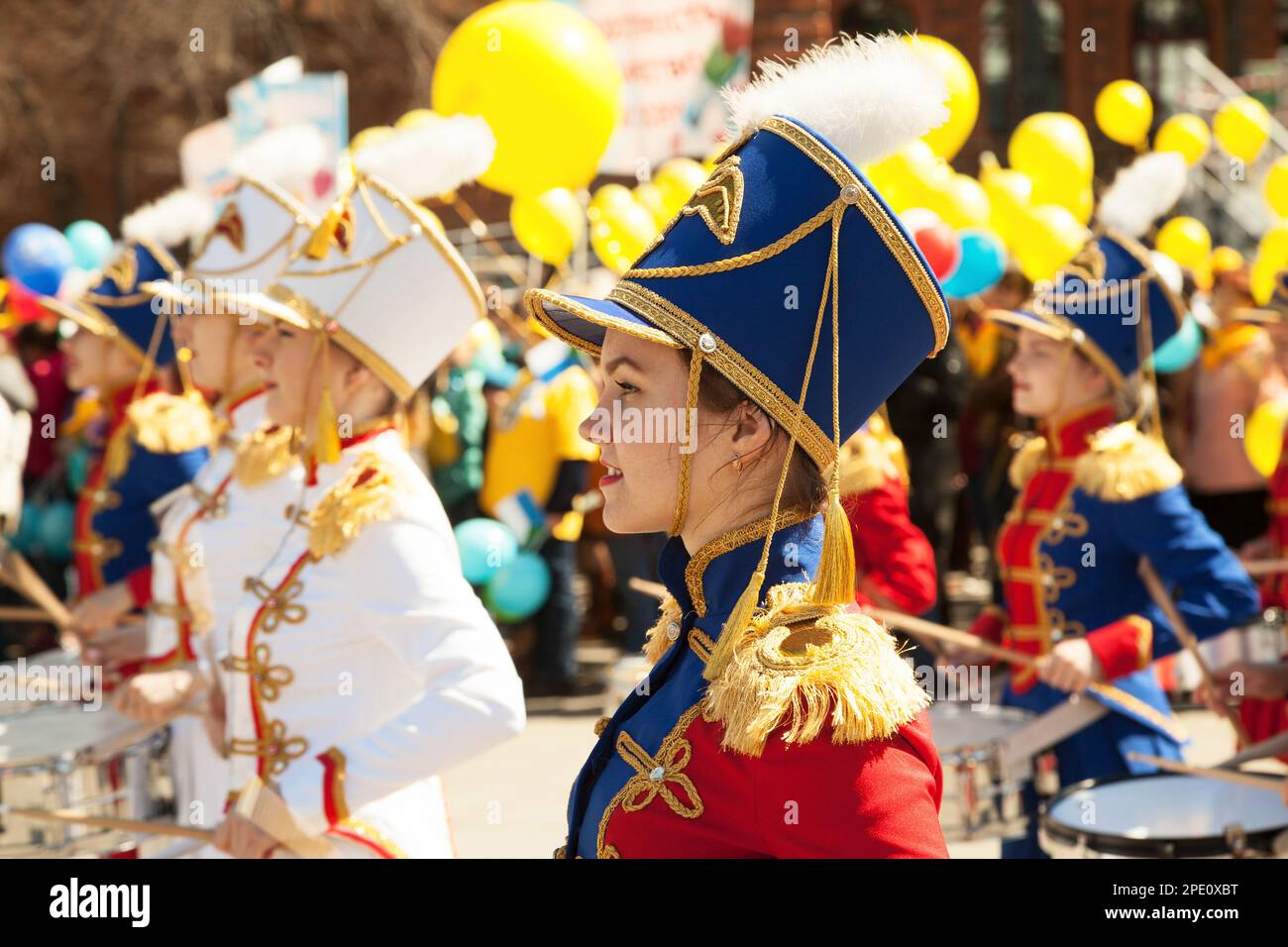Khabarovsk, Russia - May 1, 2017: Young pretty girls playing drums and ...