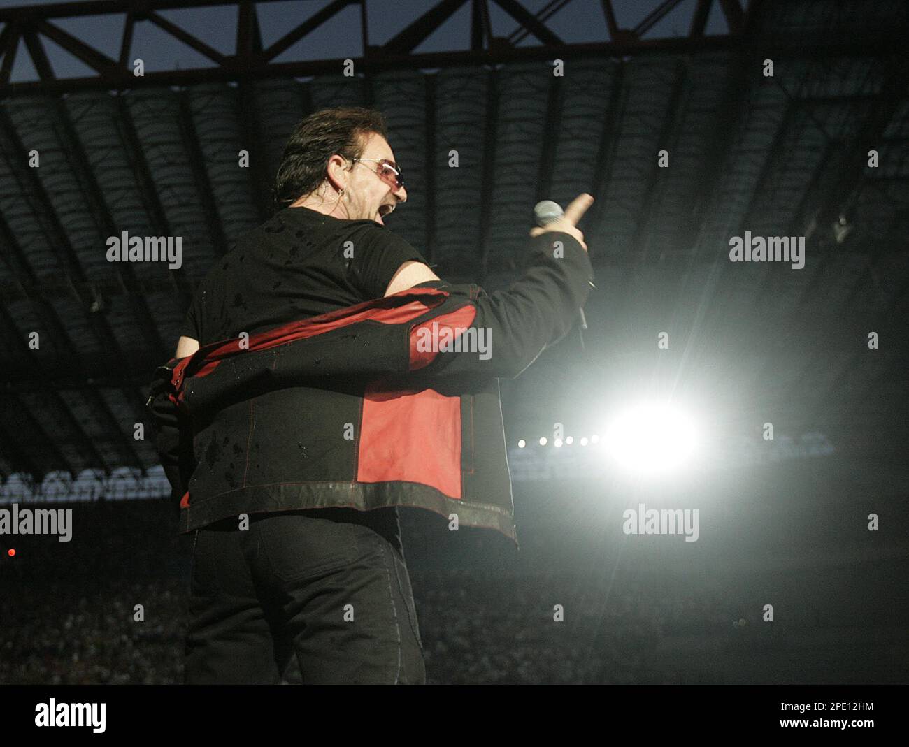 Singer Bono of Irish rock group U2 performs on the stage during their ...