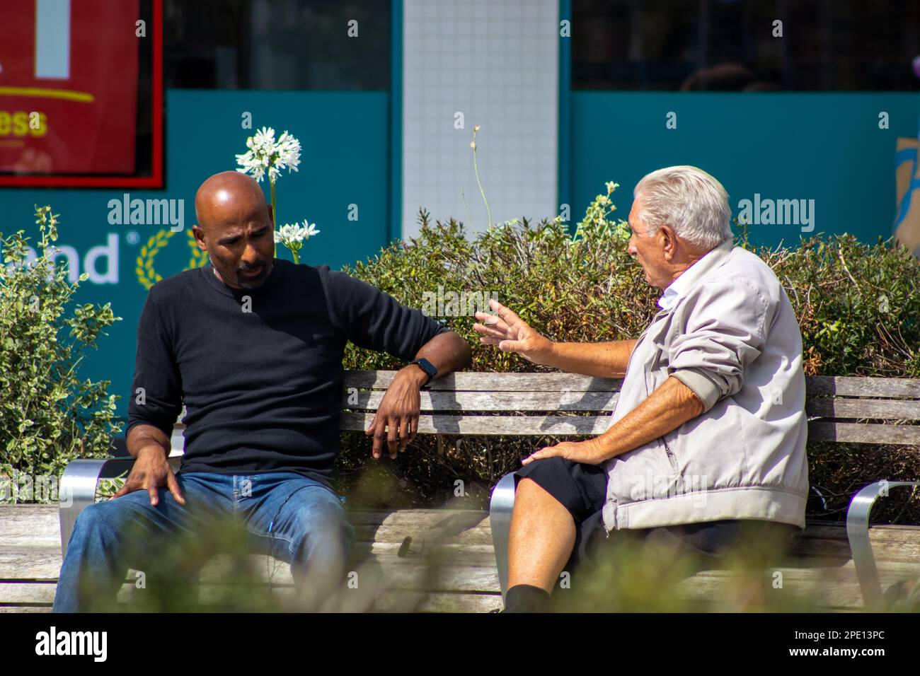 Talking on a bench hi-res stock photography and images - Alamy