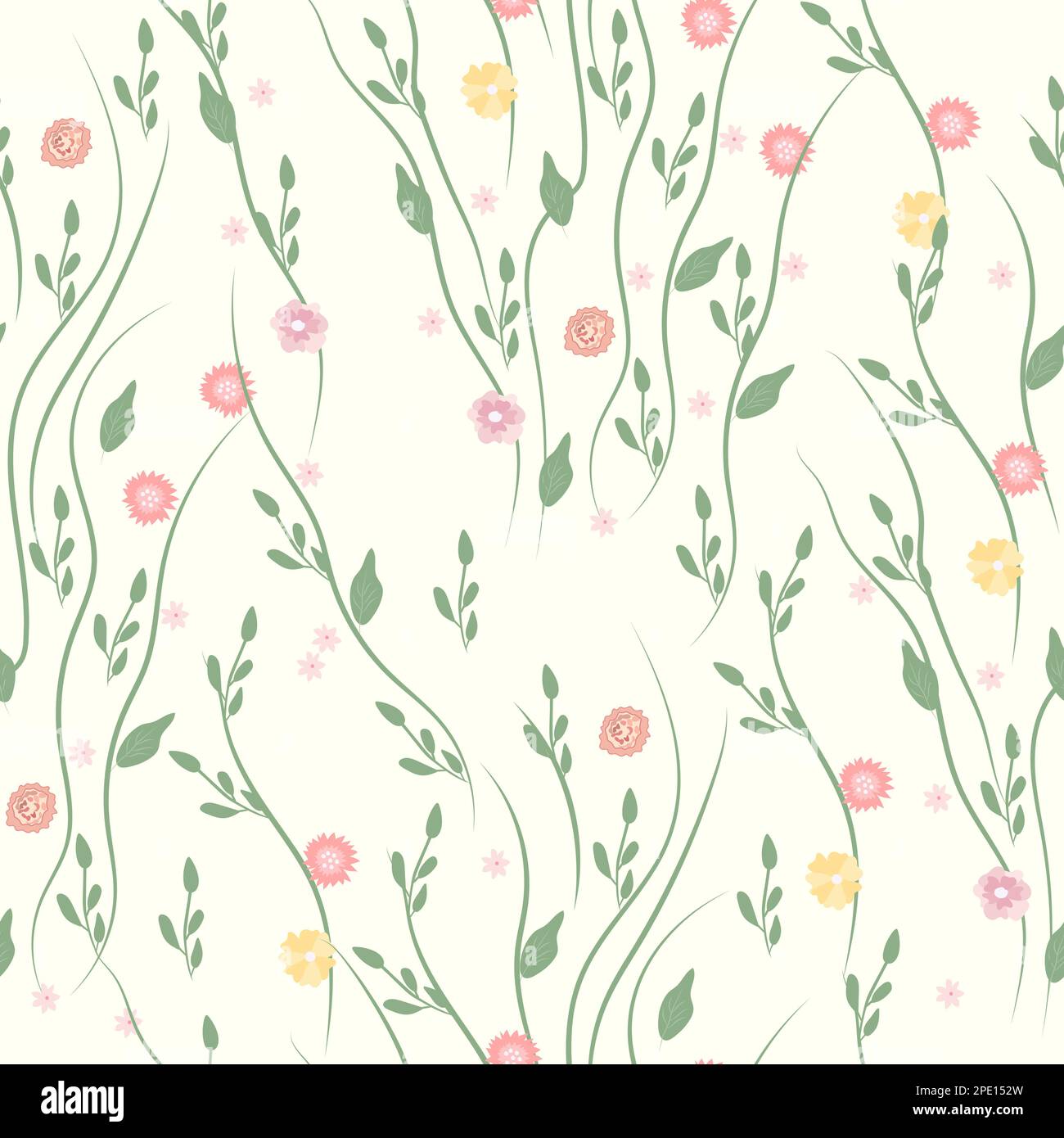 Minimalist floral seamless pattern. Bright flowers and green leaves ...