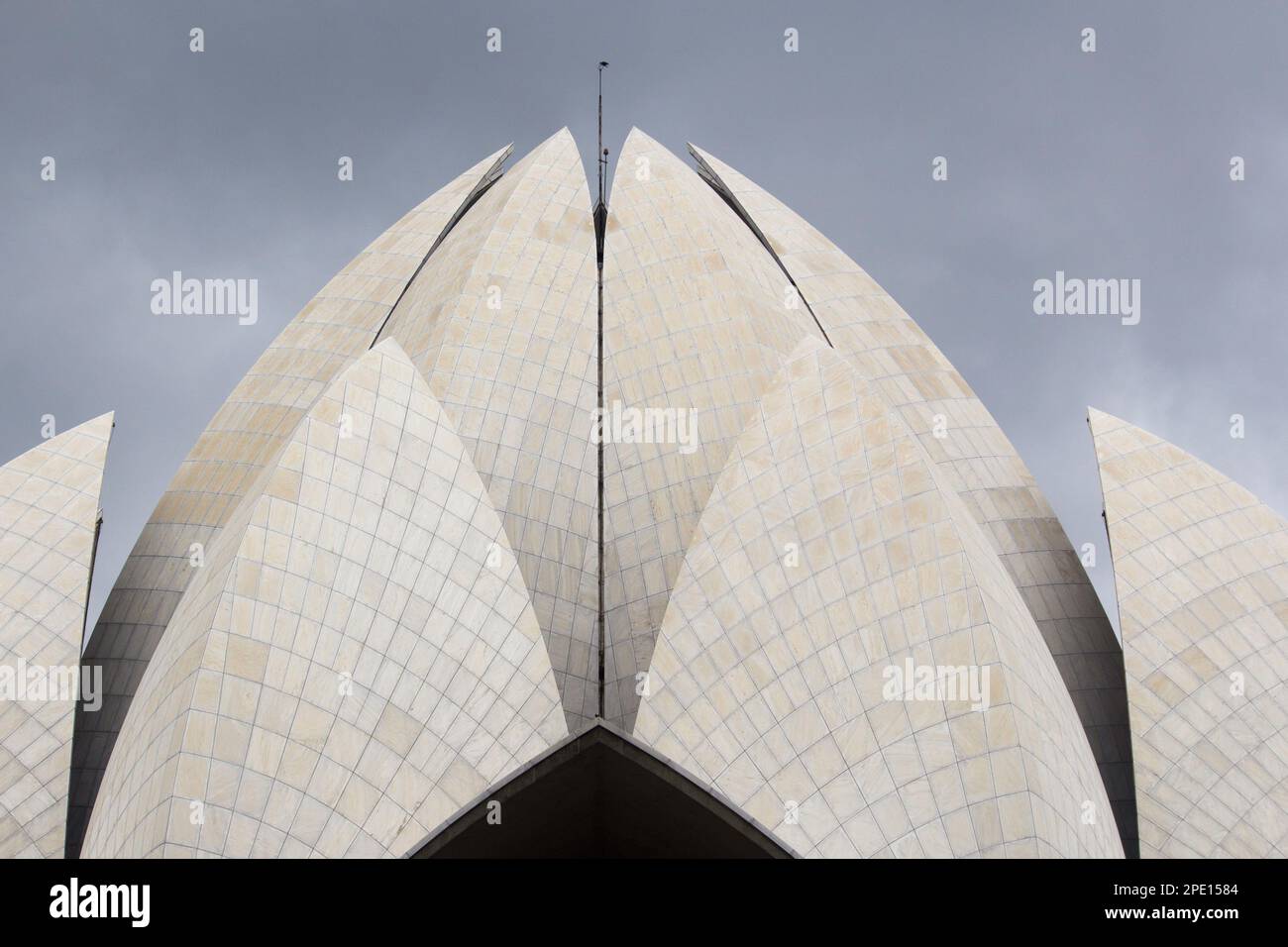 Lotus Temple, India, grand white marble building, front view, blue sky ...