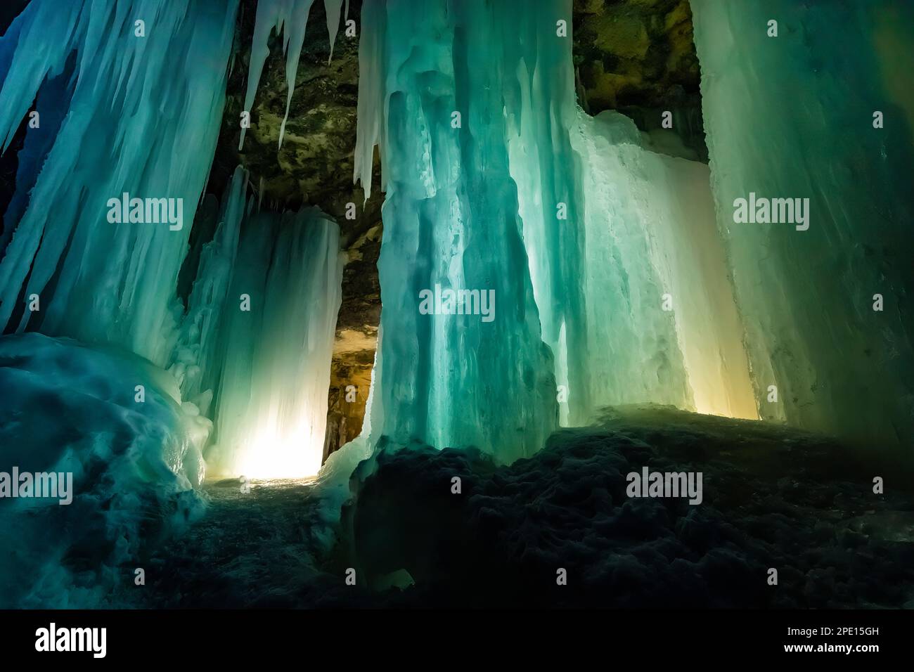 Curtains ice formation lighted at night in Pictured Rocks National ...
