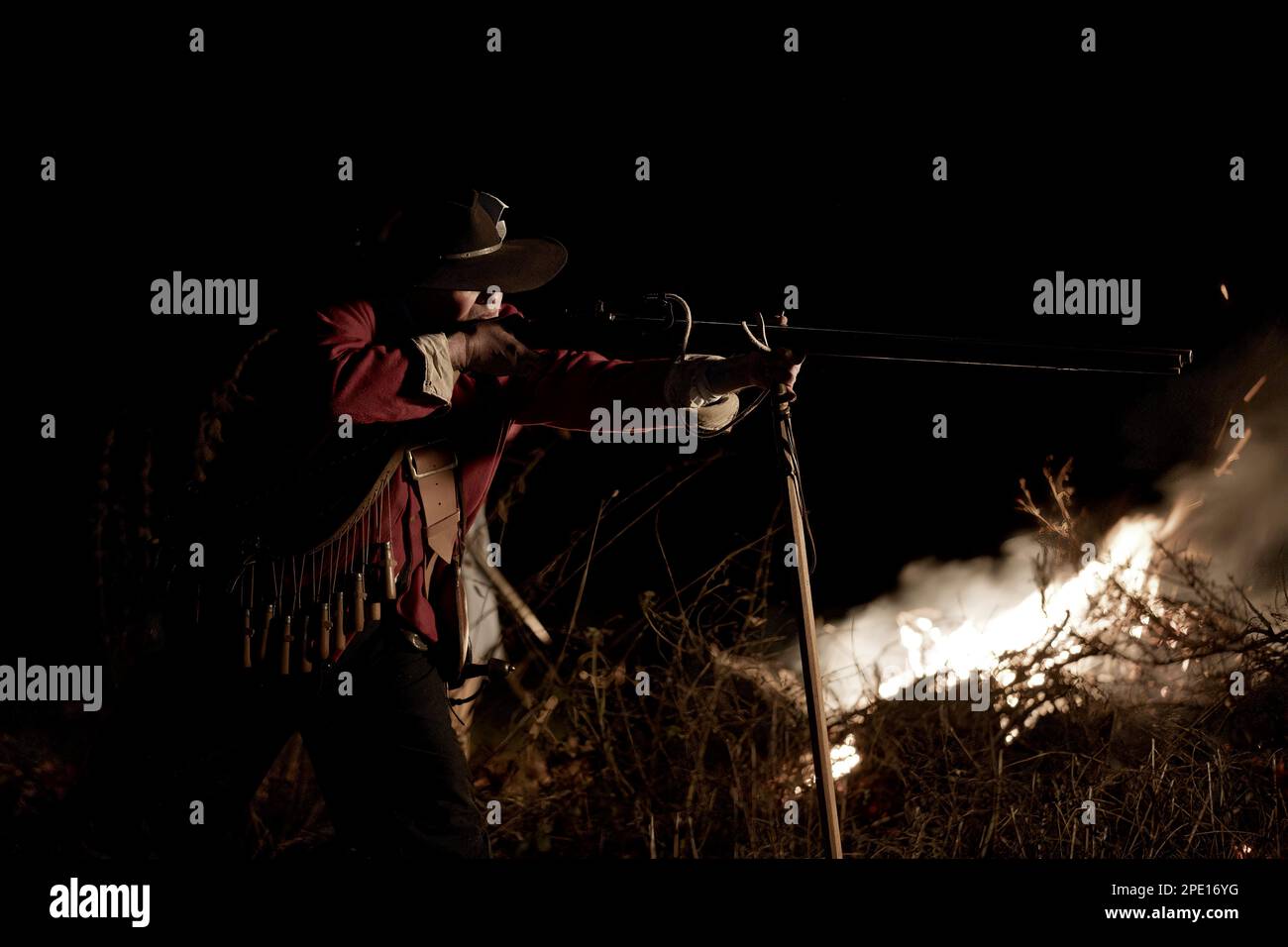 Interpretation of English Civil War infantryman aiming musket supported ...