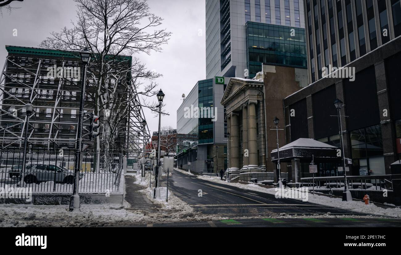 a winter view of george street and the construction site of the Press ...