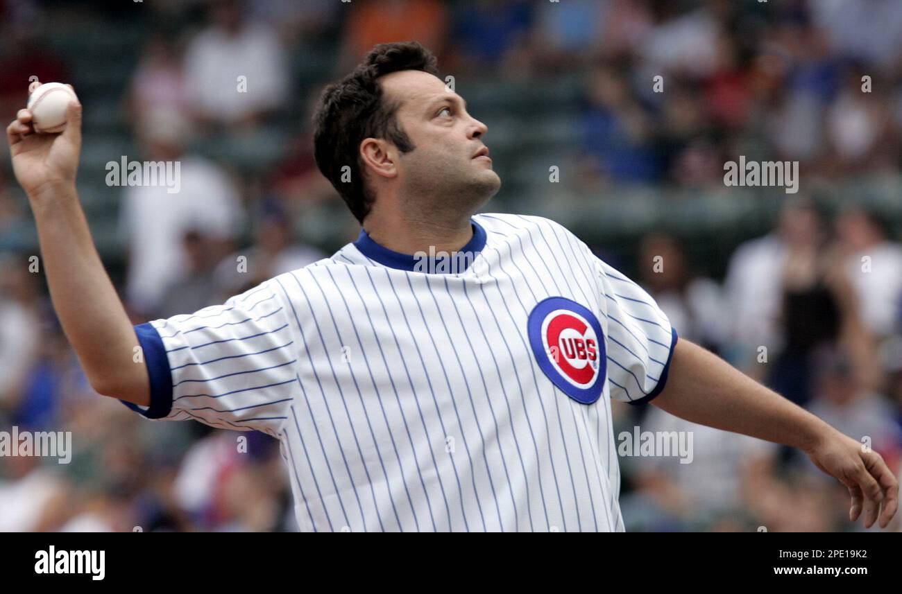 Actor Vince Vaughn throws the ceremonial first pitch before the game ...