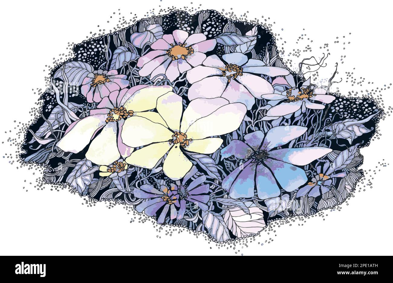 Elegant flower arrangement of line art peonies and leaves. Hand-drawn ...