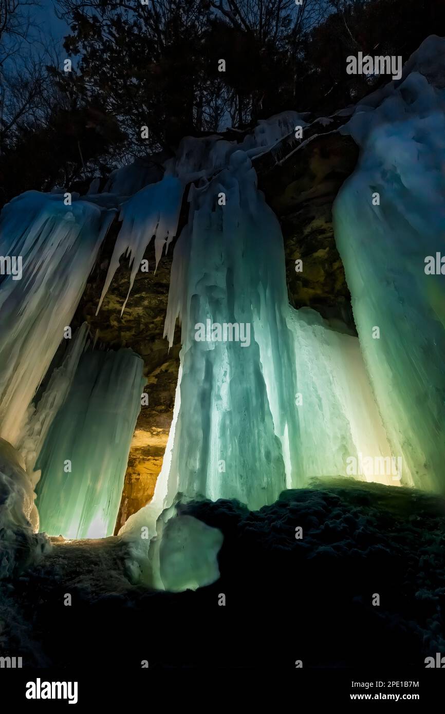 Curtains ice formation lighted at night in Pictured Rocks National ...