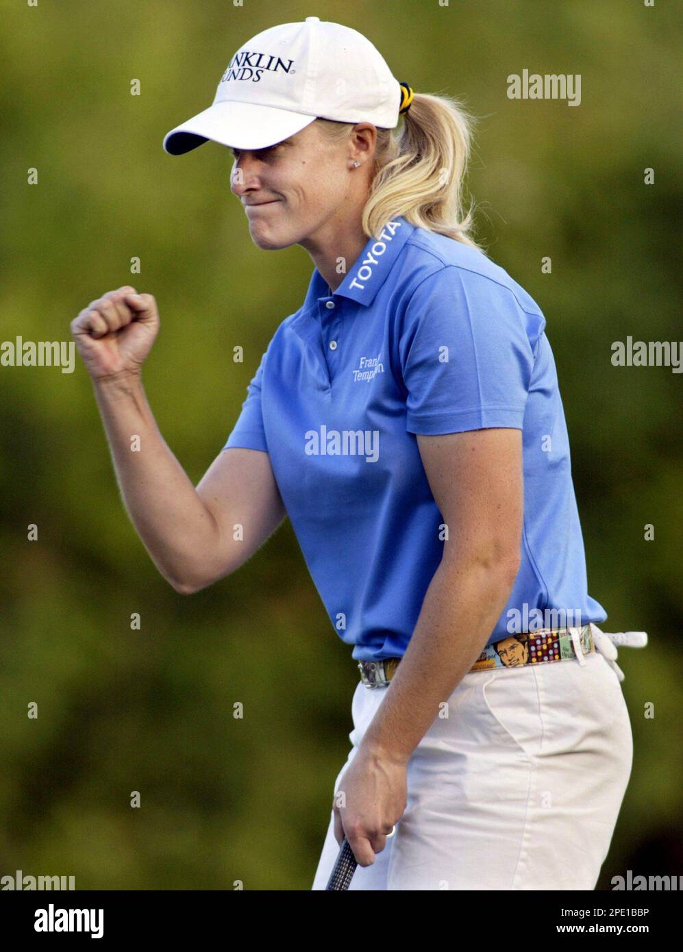Janice Moodie, from Glasgow Scotland, reacts after making her putt on ...