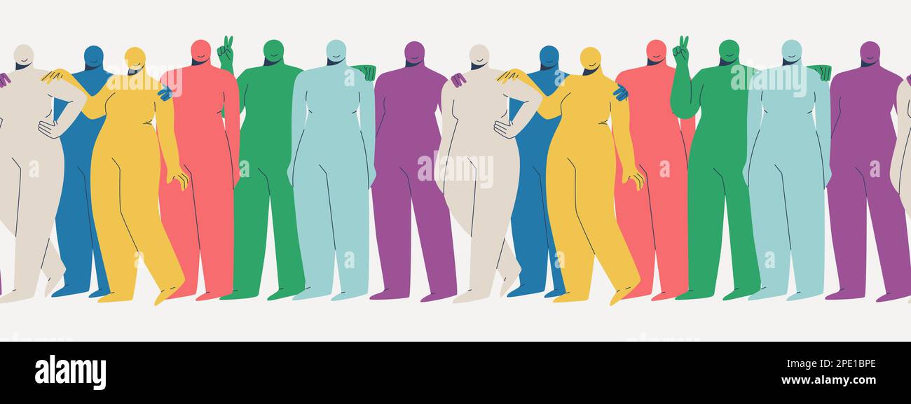 Seamless repeating border. Group of abstract multicolored cute women ...