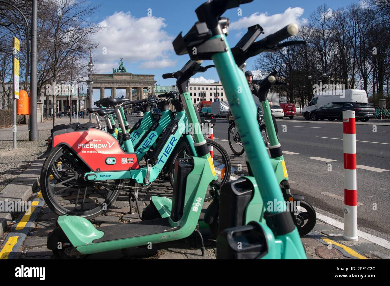 Berlin, Germany. 15th Mar, 2023. E-scooters and rental bikes are parked ...