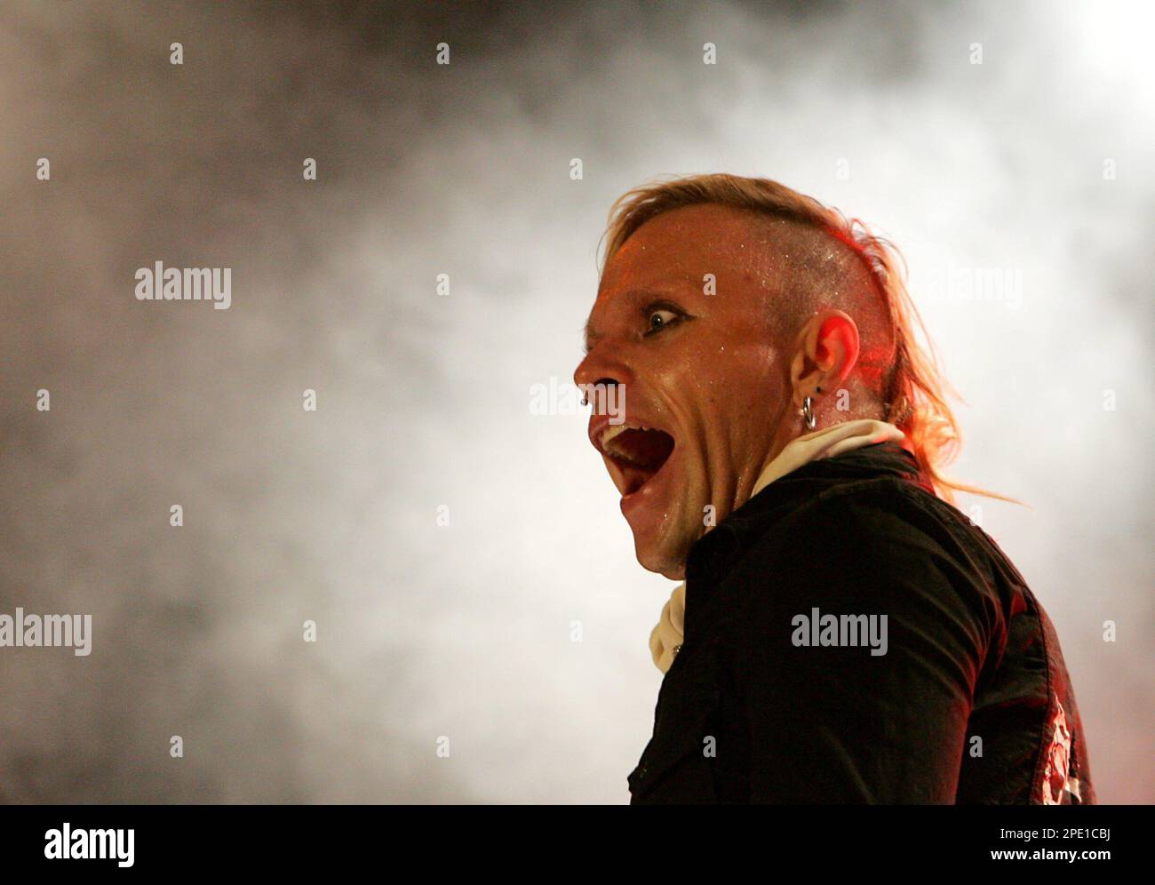 Keith Flint, singer of the British band Prodigy, performs on stage, at ...