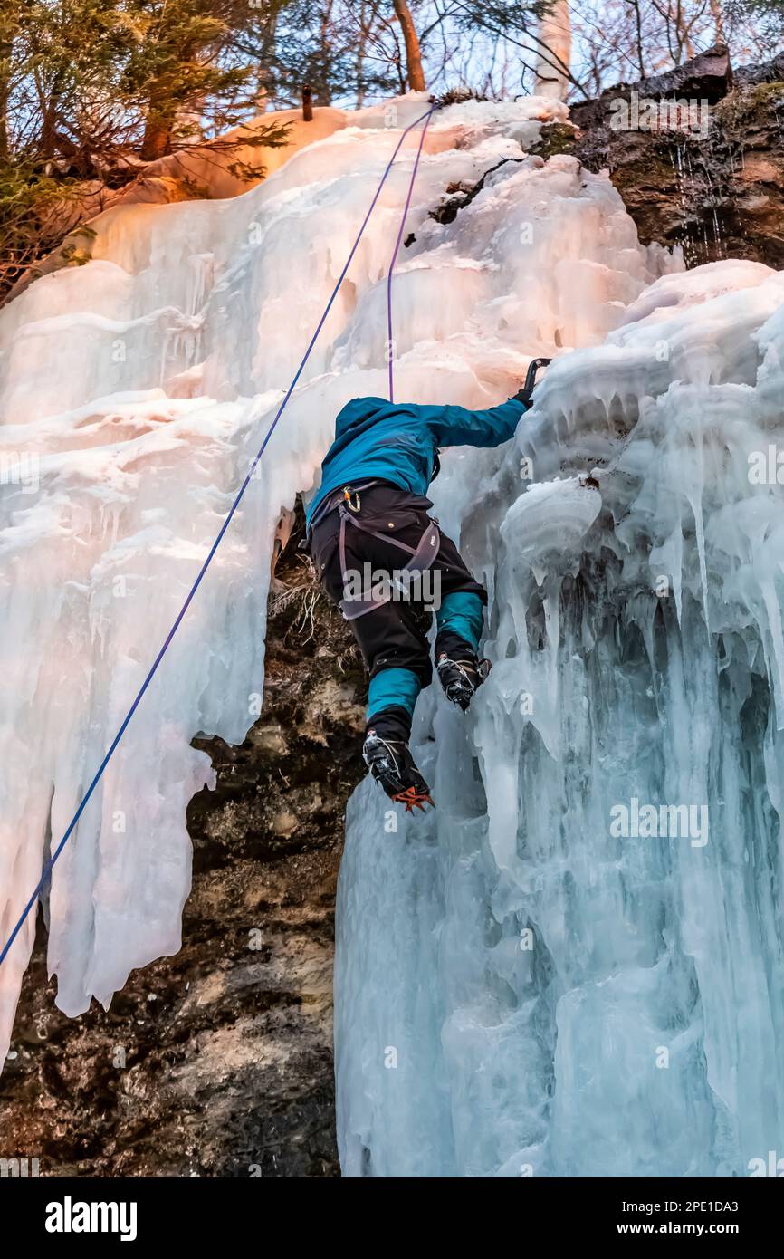 Ice climbing on Curtains, a frozen seep formation in Pictured Rocks ...