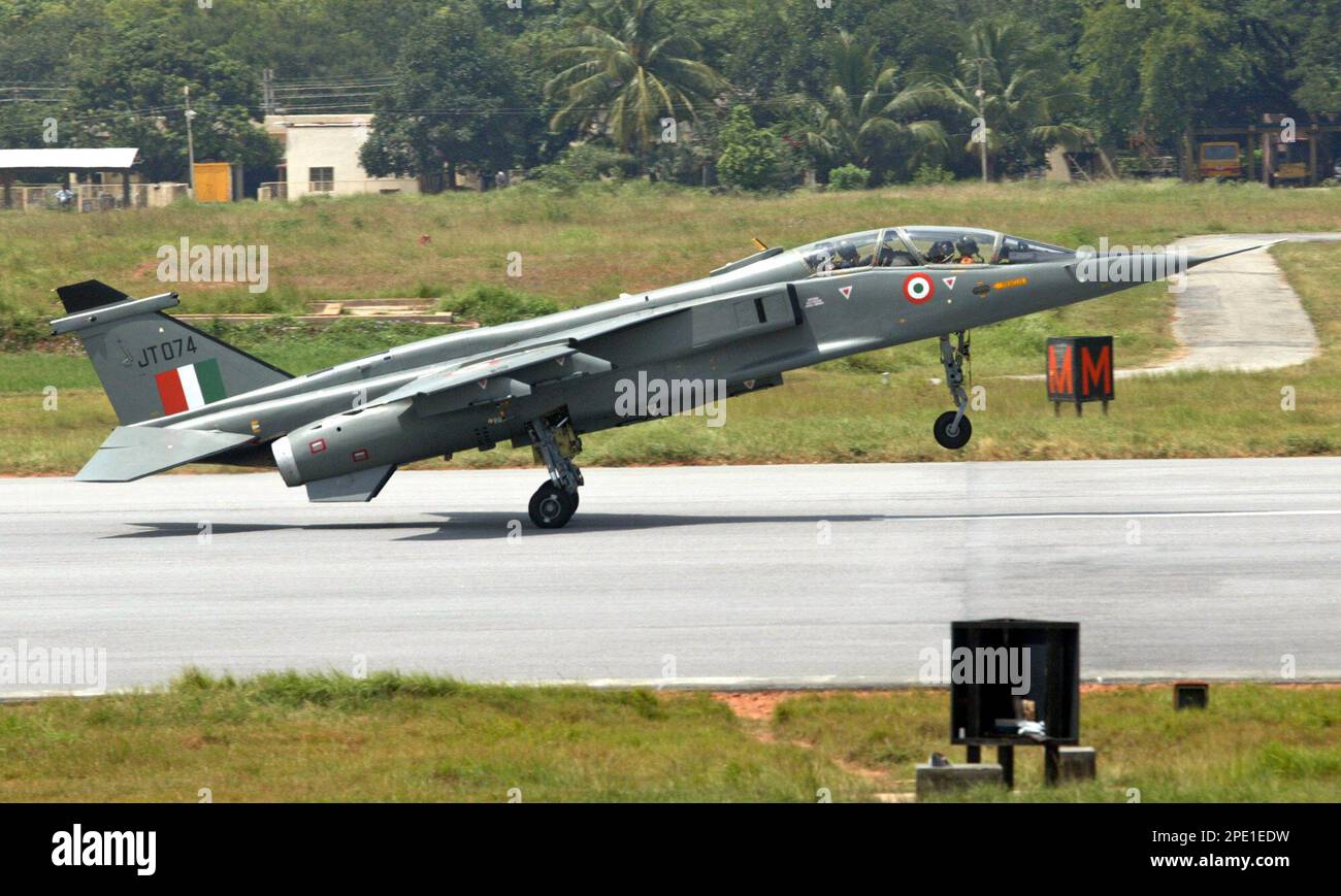 A Jaguar strike aircraft touches down at the Hindustan Aeronautics ...