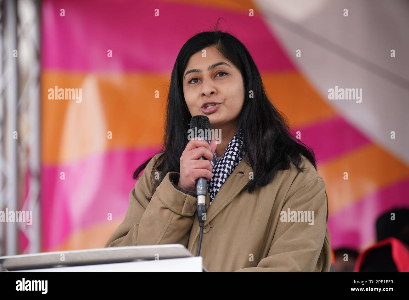 Labour MP Zarah Sultana, speaks during a strike rally in Trafalgar ...