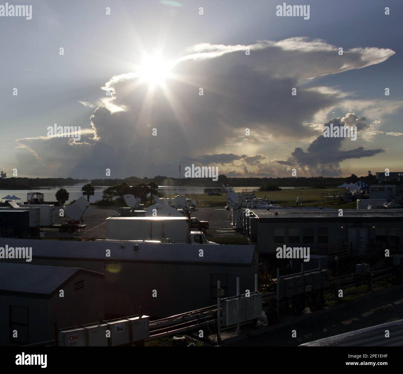 The sun rises over the media compound at Kennedy Space Center in Cape ...