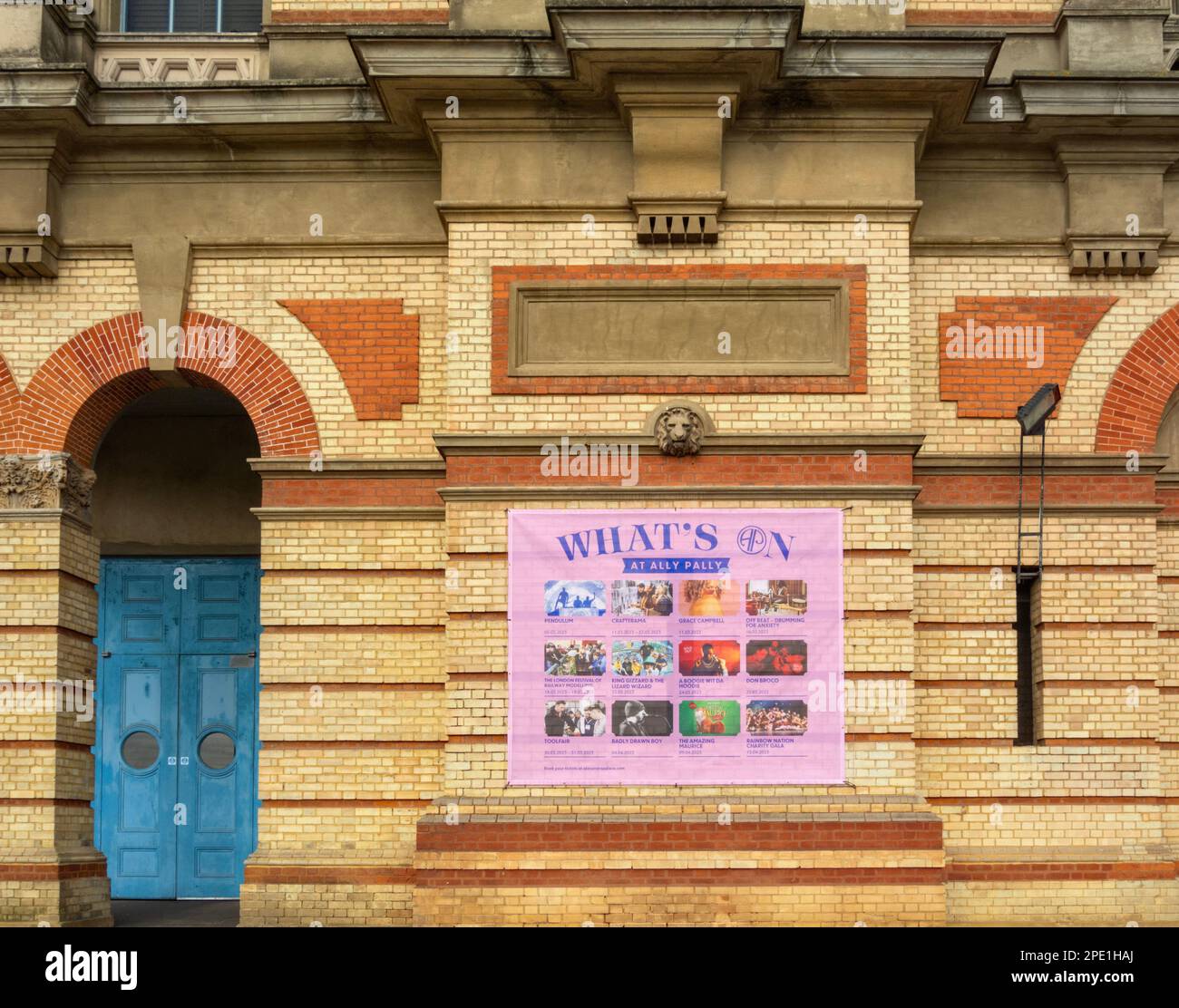 Alexandra Palace (Ally Pally) exterior, London N22 with a sign showing ...