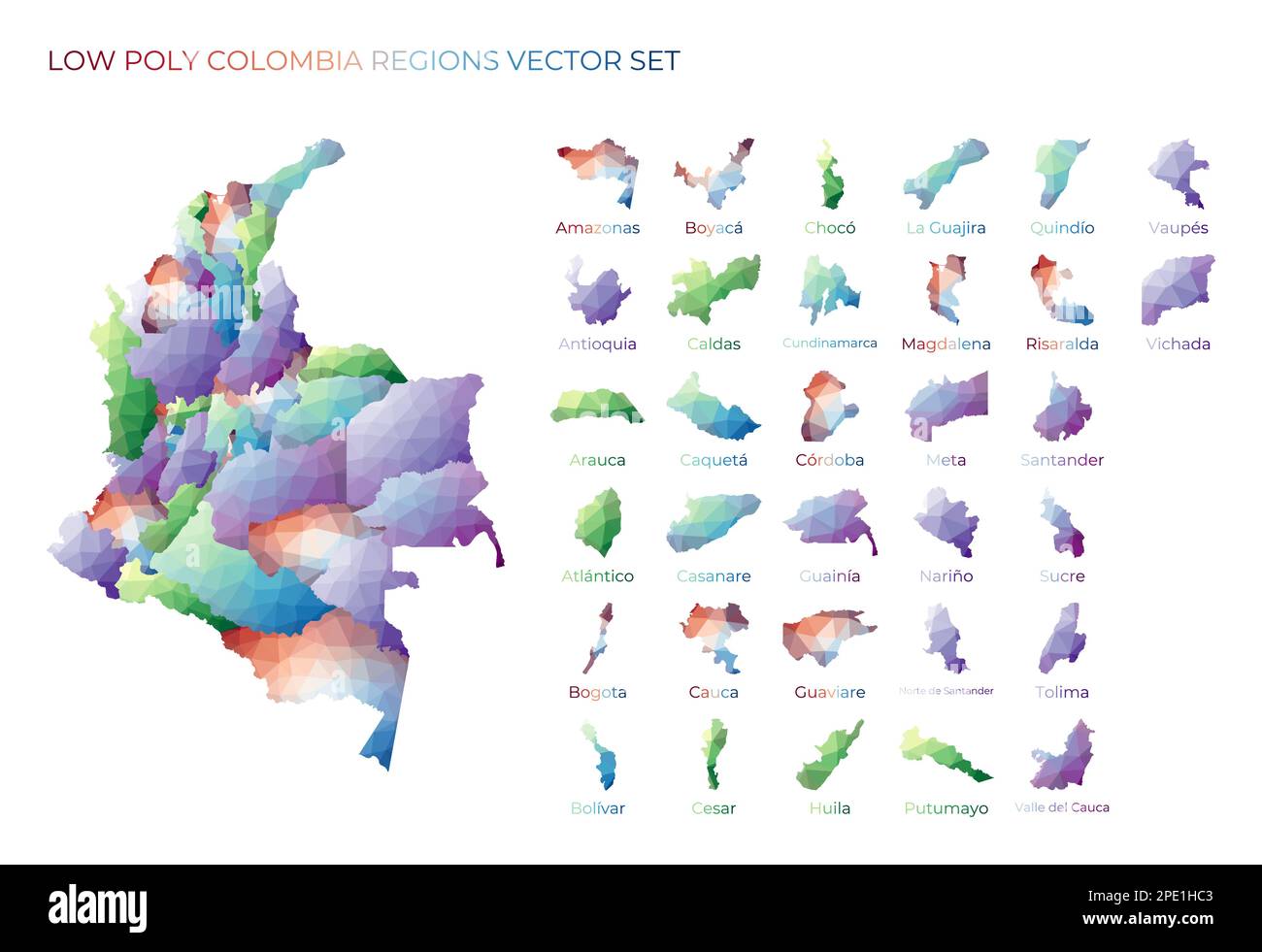 Colombian low poly regions. Polygonal map of Colombia with regions ...