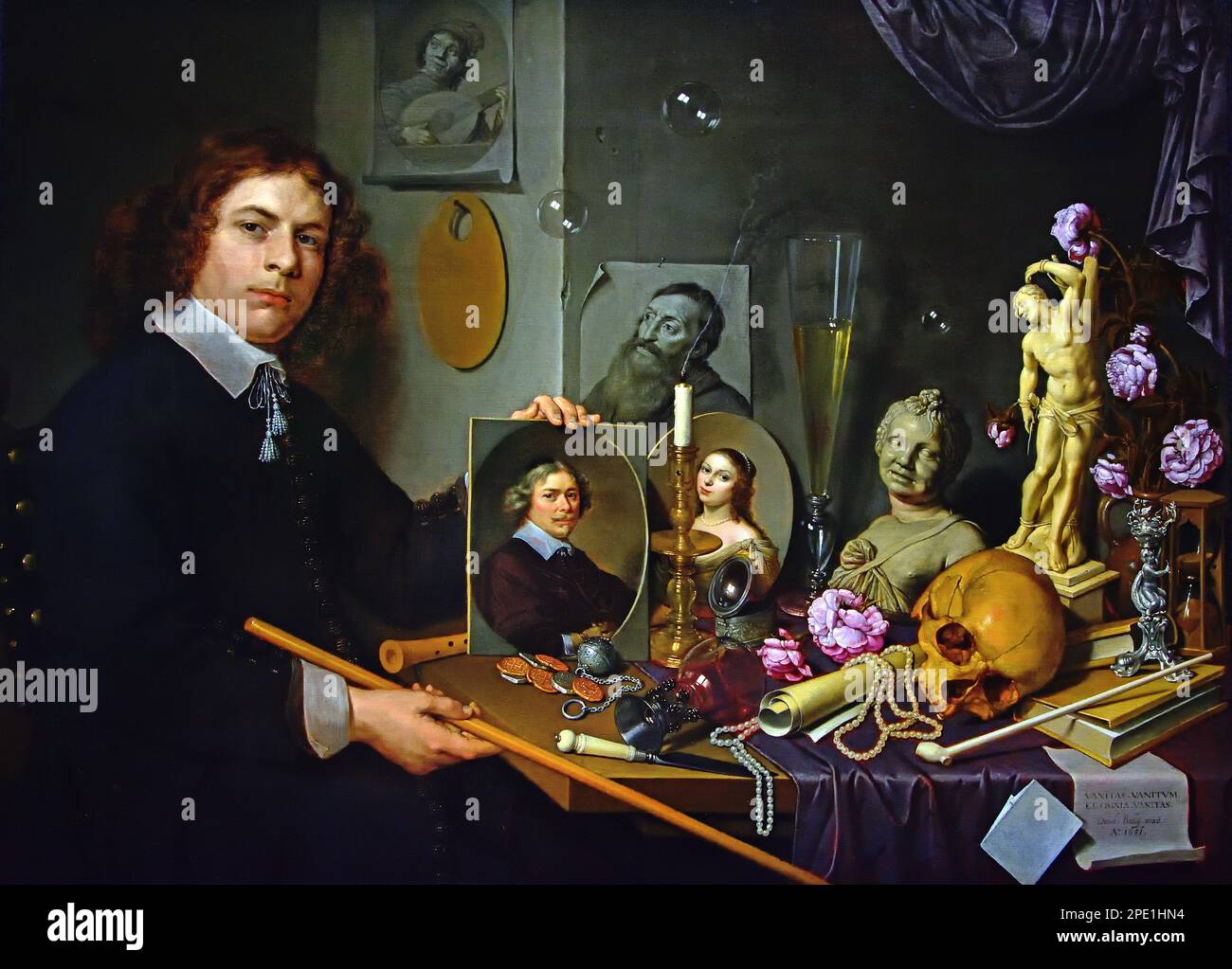 Vanitas still life with a self portrait of the young painter David ...