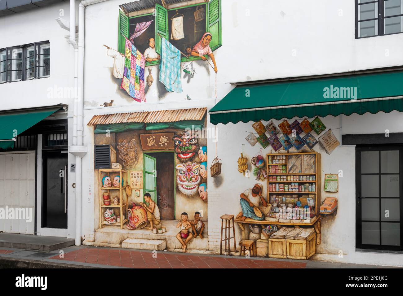 Wall art by street artist Yip yew Cheong in Chinatown, Singapore Stock ...