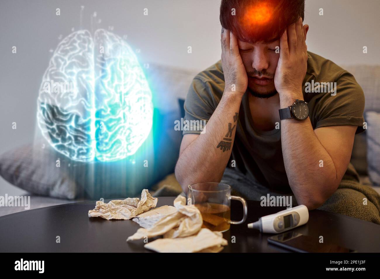 Sjuk man lutar huvudet i händerna Stock Photo - Alamy