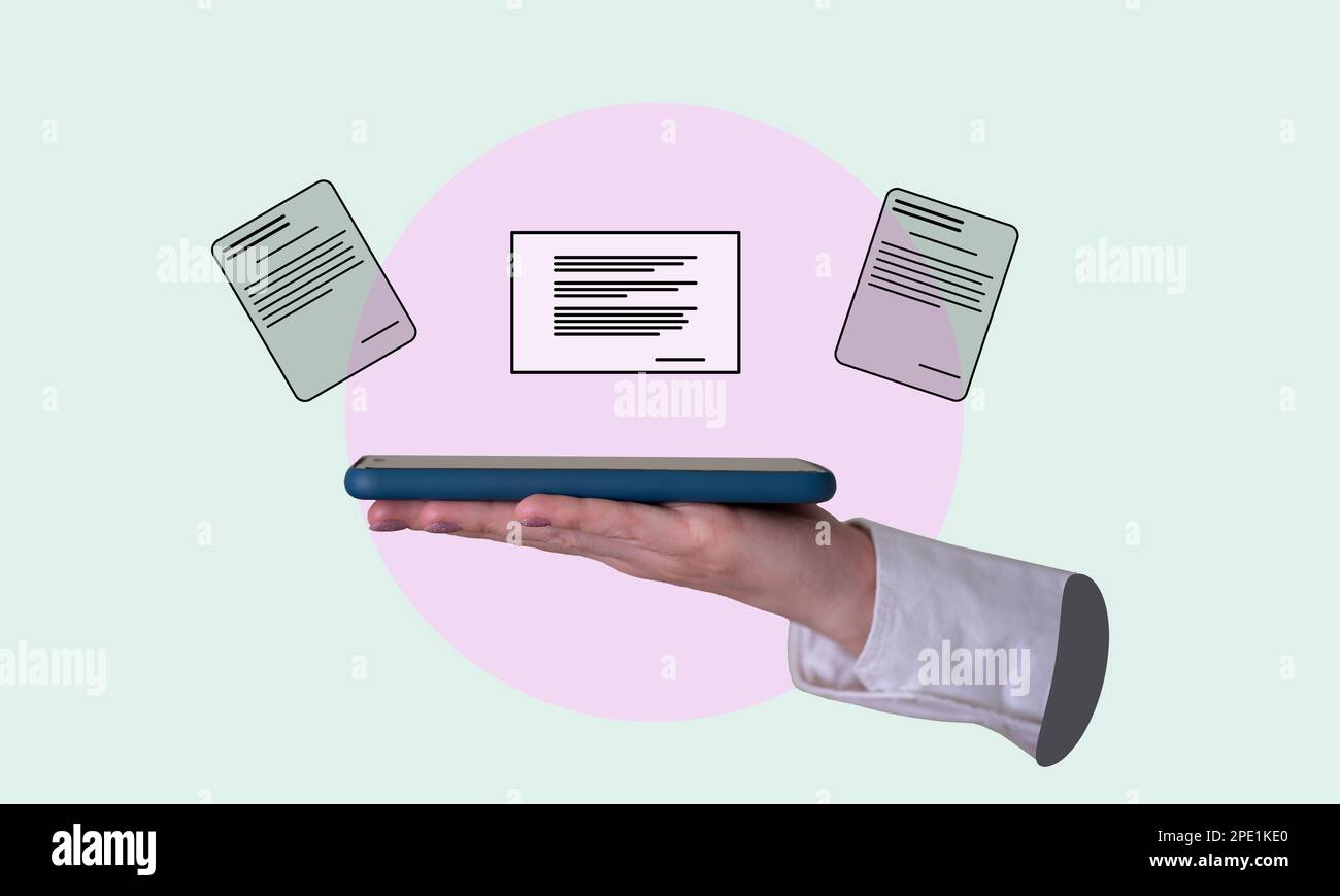 Art collage, electronic signature badge, the hand with the phone on ...