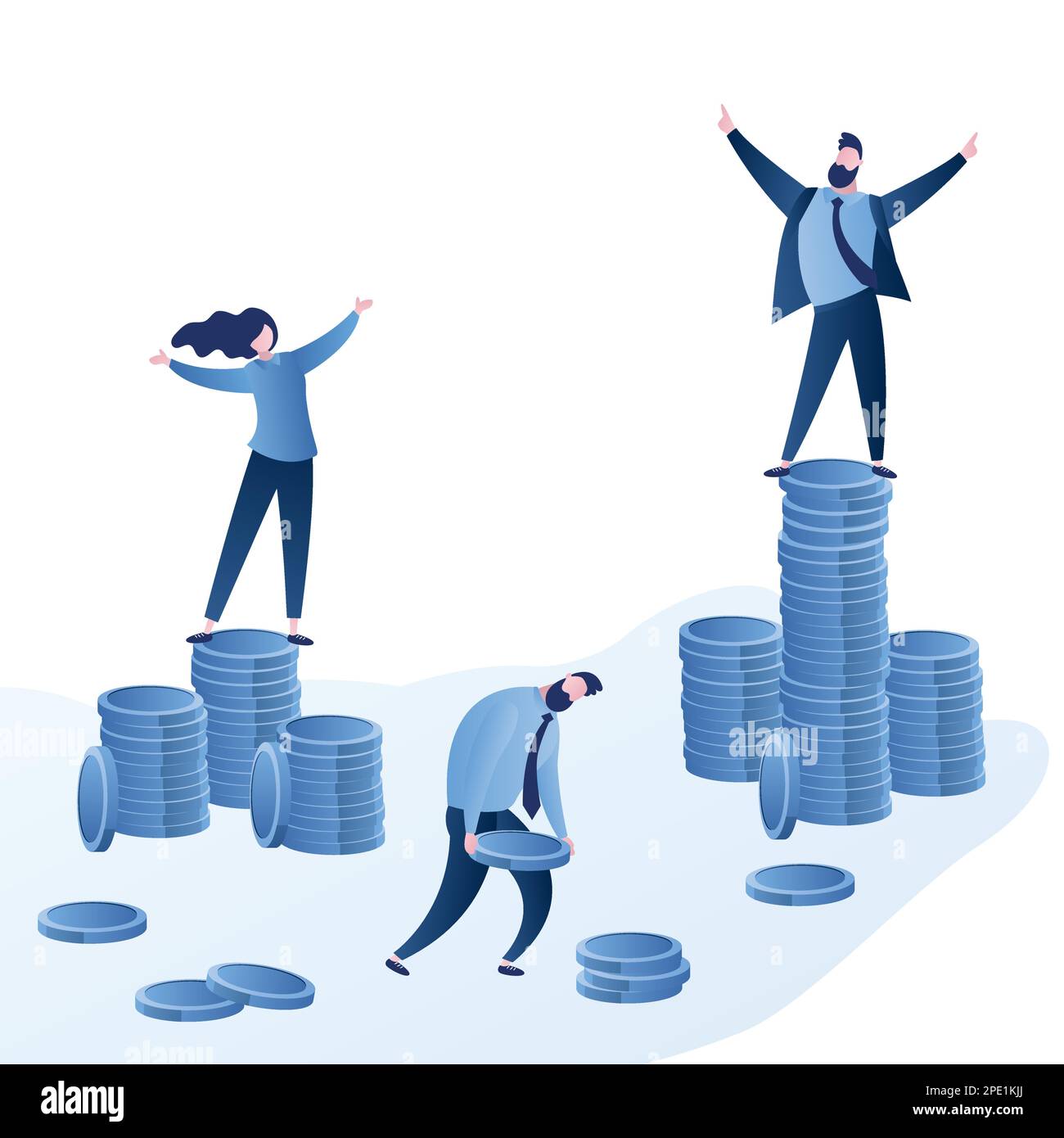 Successful business people stand on stacks of coins and unsuccessful ...