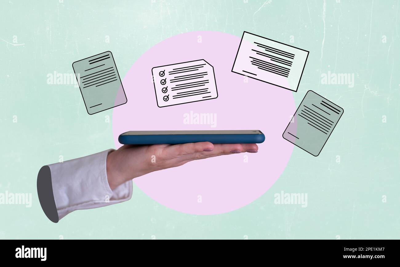 Art collage, electronic signature badge, the hand with the phone on ...