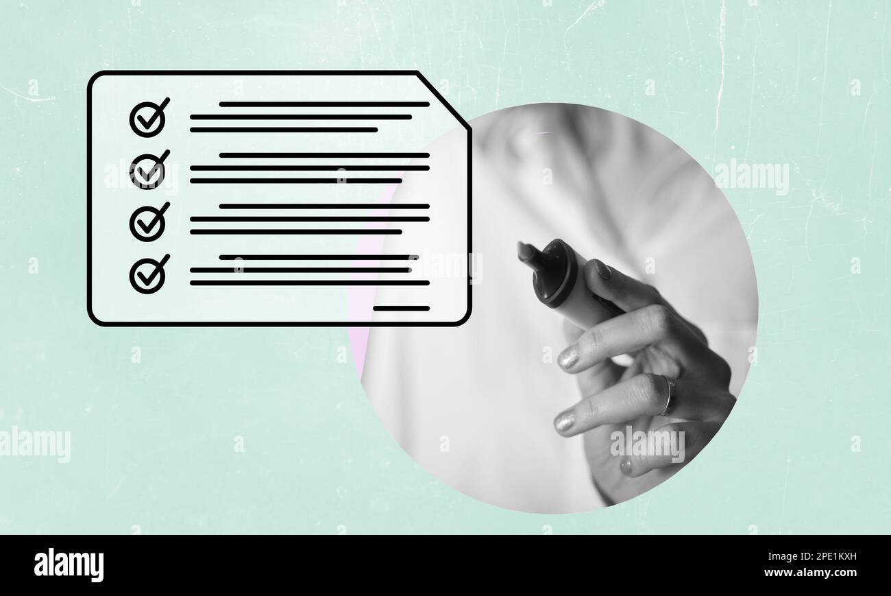 Art collage, electronic signature badge, the hand with the phone on ...