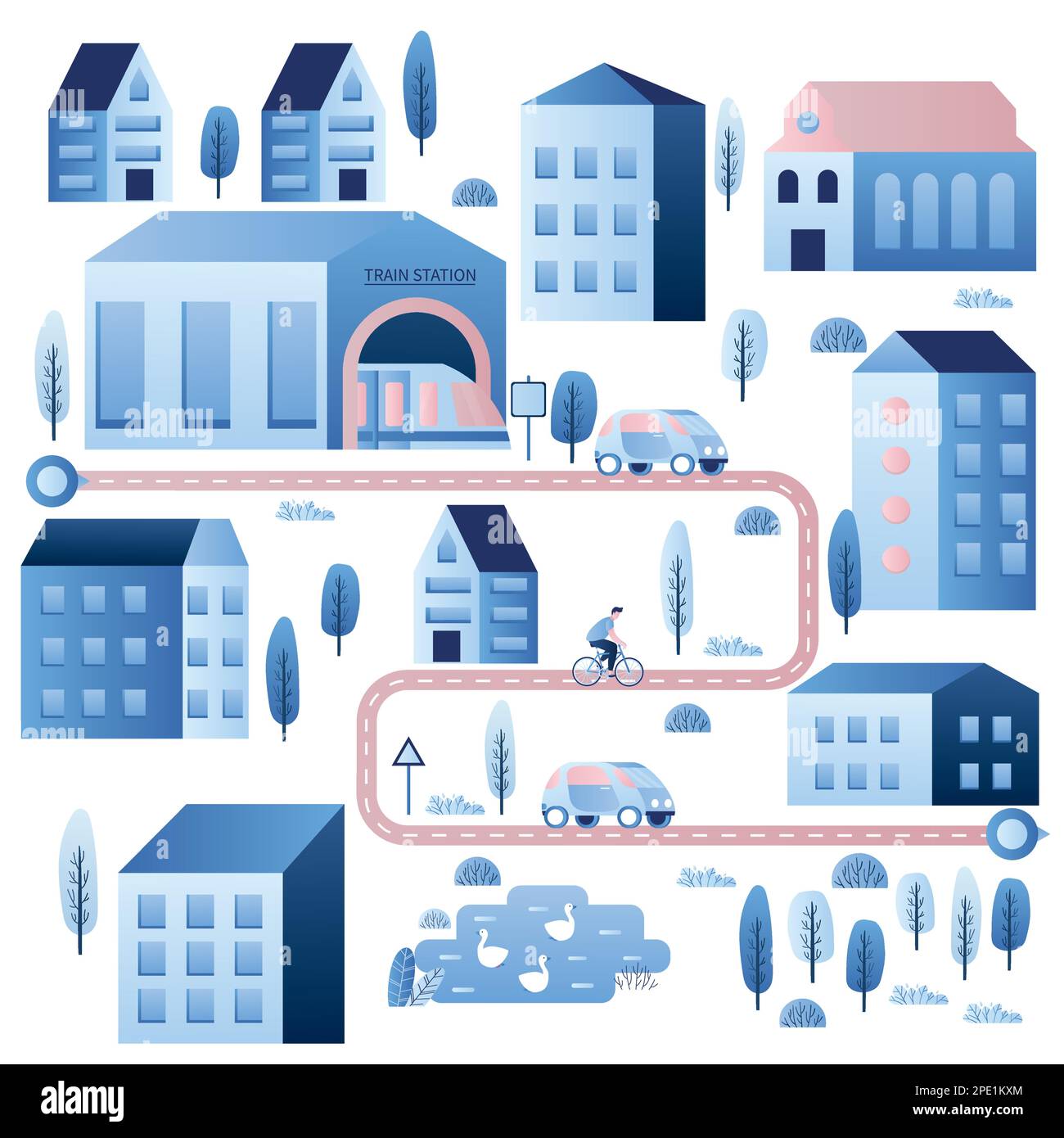 Urban background with various buildings and main road with different ...