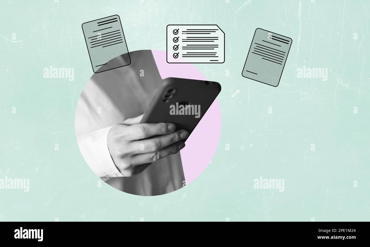 Art collage, electronic signature badge, the hand with the phone on ...