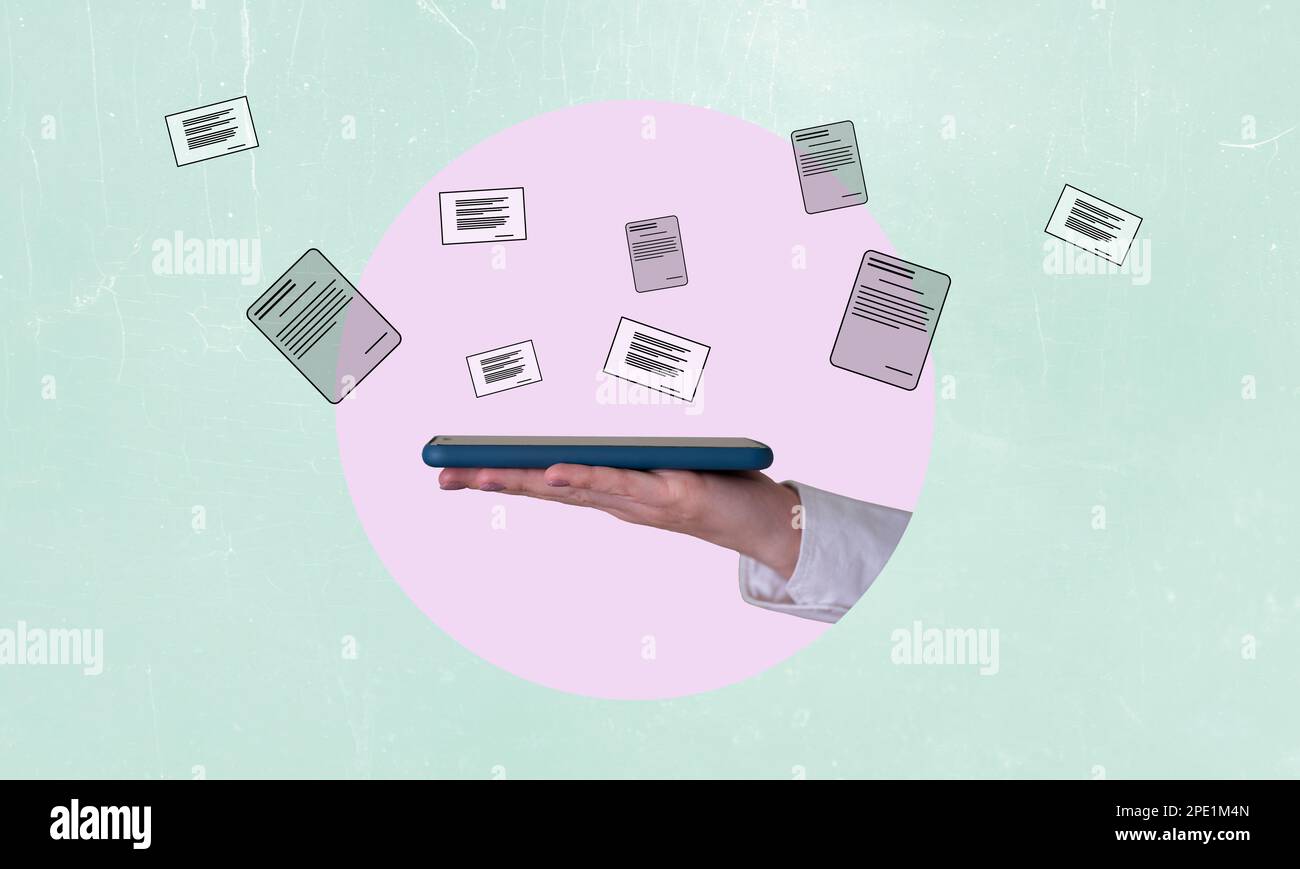 Art collage, electronic signature badge, the hand with the phone on ...