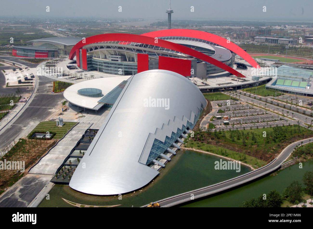 An aerial view of the newly built Nanjing Olympic center stadium and ...