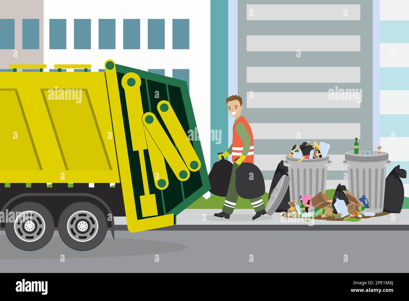 Pile of various trash on city street. Urban waste recycling. Garbage ...