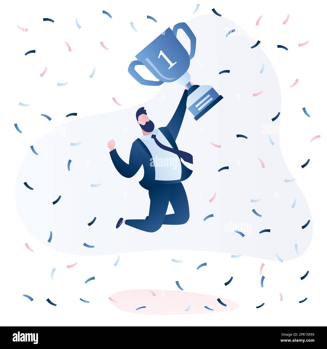 Happy businessman in a jump. Successful employee holding winner cup in ...