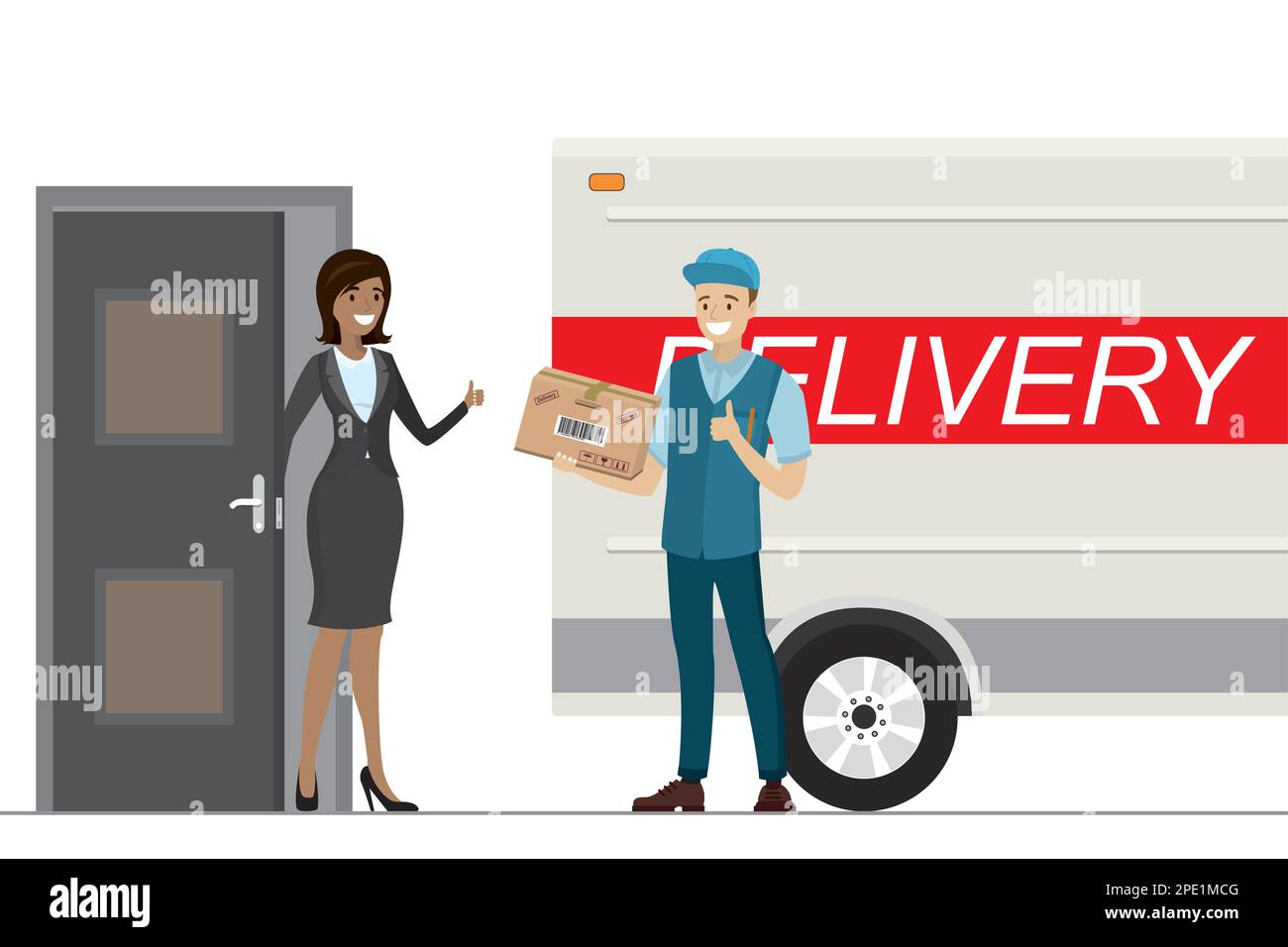 Cartoon beauty african american woman near door and deliveryman in ...