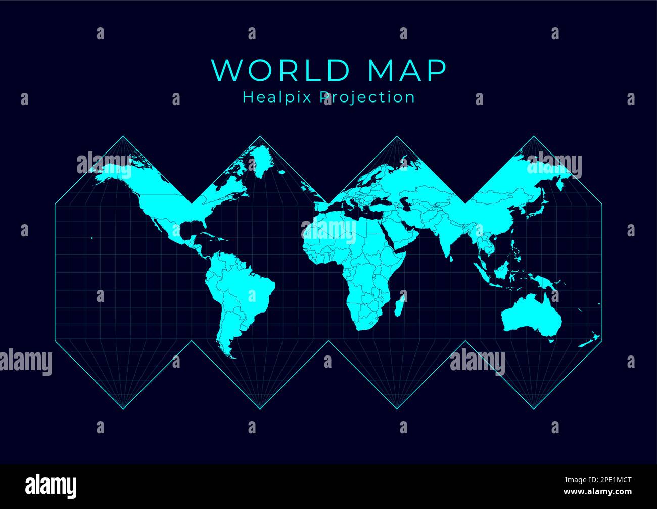 Map Of The World Healpix Projection Futuristic Infographic World Illustration Bright Cyan