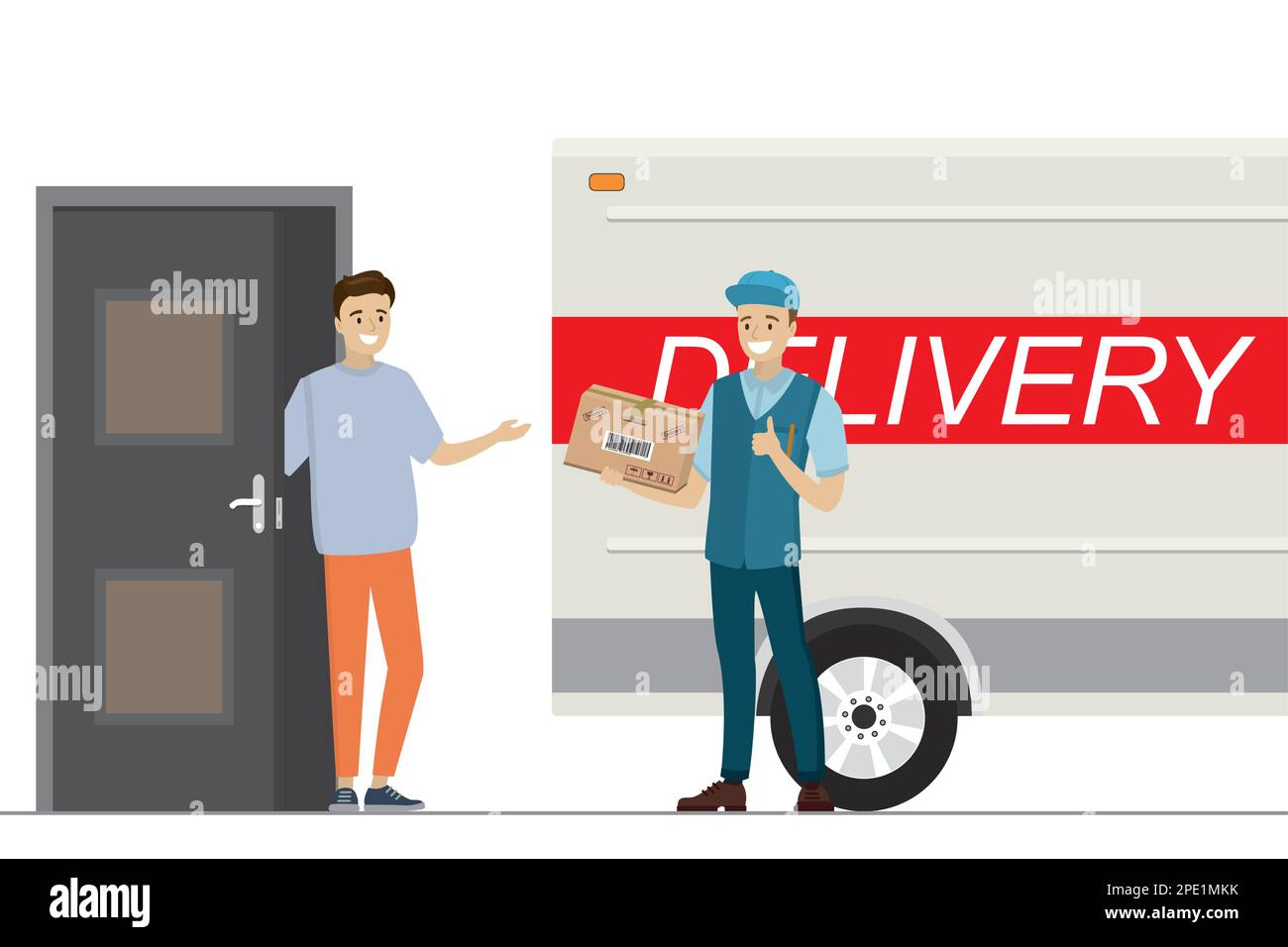 Cartoon casual man near door and deliveryman in uniform with parcel box ...