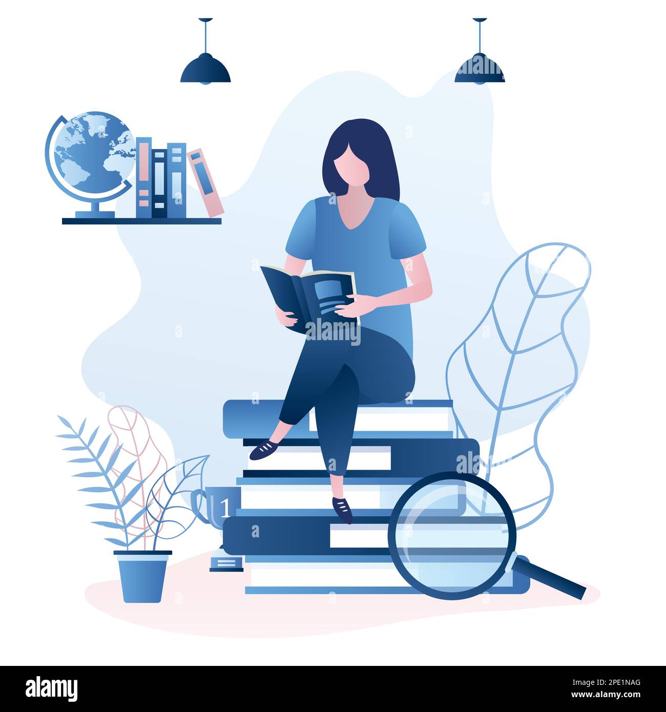 Beauty girl student sitting on pile of books. Female character reading ...