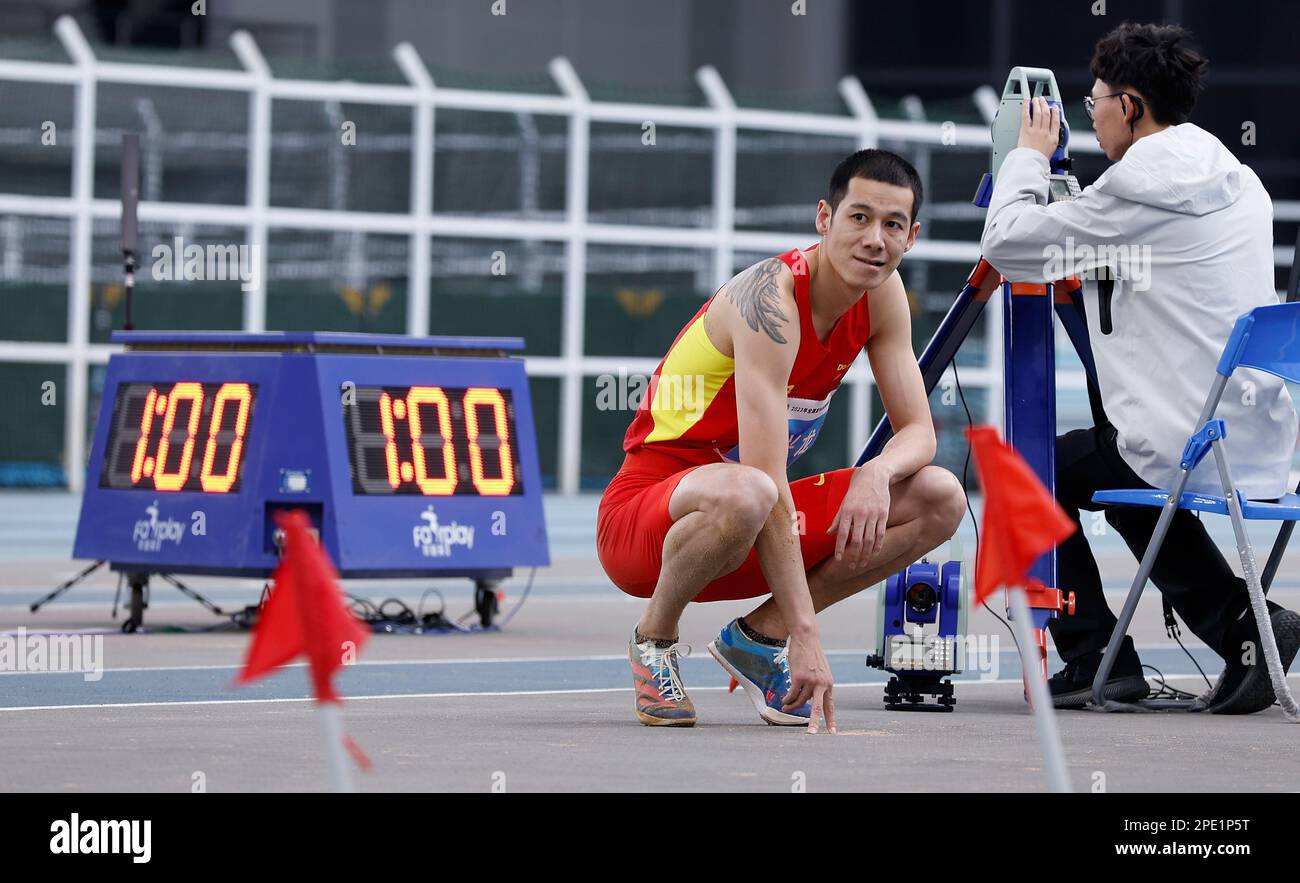 Tianjin. 15th Mar, 2023. Gao Xinglong reacts during the men's long jump ...